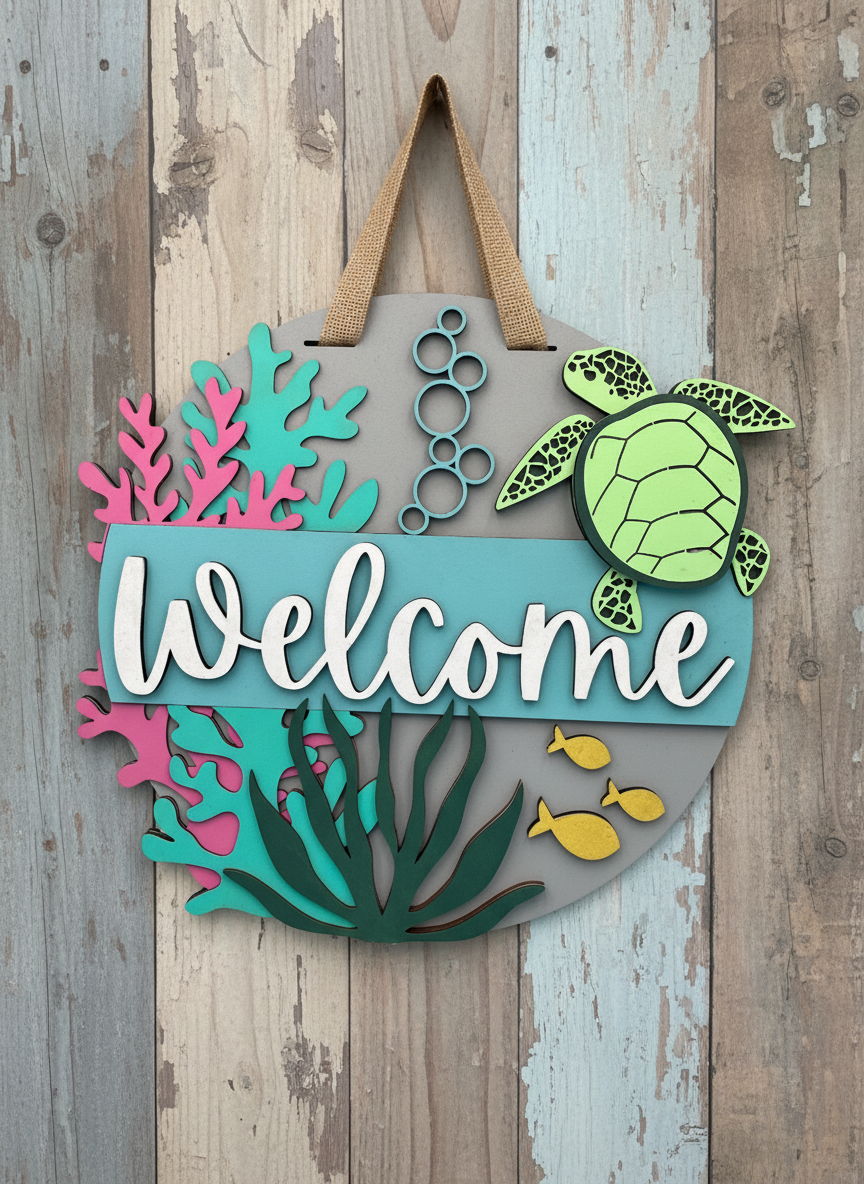 "Welcome" Sea Turtle Underwater Door Sign – Coastal Home & Ocean Decor ...
