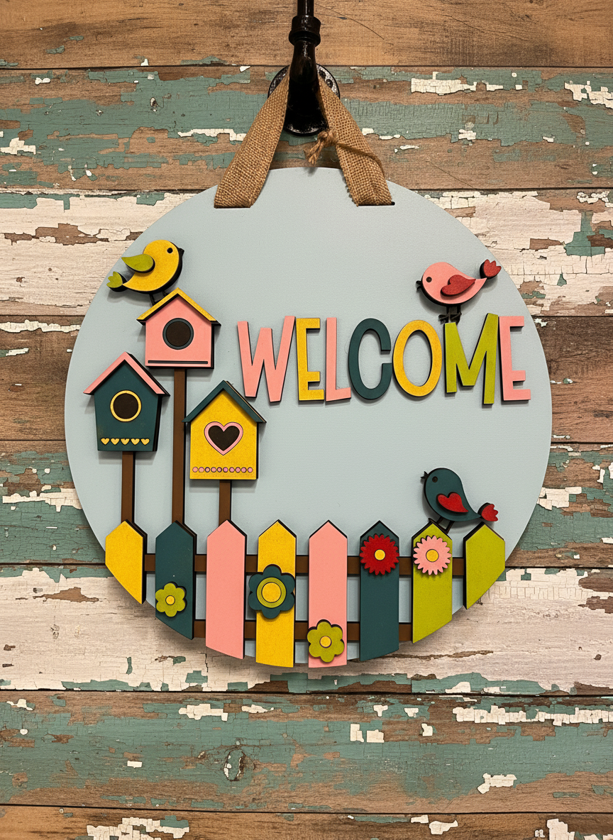 Whimsical Birdhouse Welcome Sign – 3D Layered Wood Door Decor | Handma ...